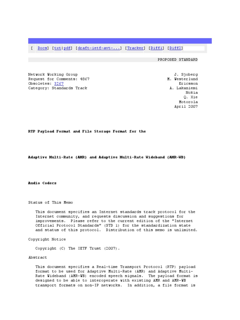RFC 4867 RTP Payload Format and File Storage Format | PDF ...
