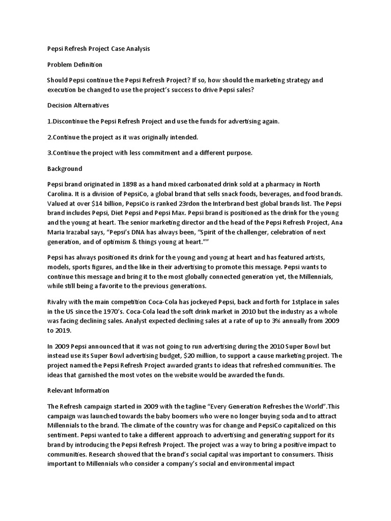 Pepsi Refresh Project Case Analysis | PDF | Pepsi Co | Brand