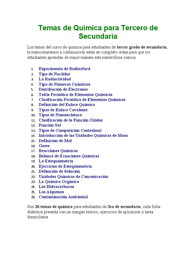 Temas de Química para Tercero de Secundaria | PDF