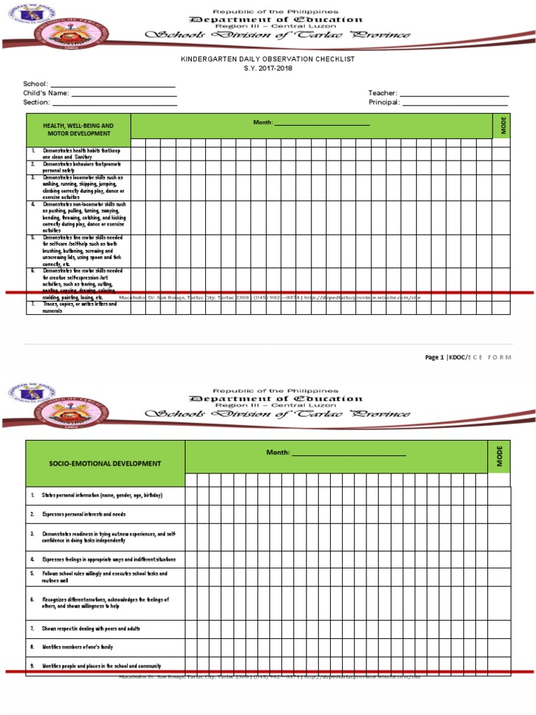 Kindergarten-Contextualized Daily Observation Checklist | PDF | Letter ...