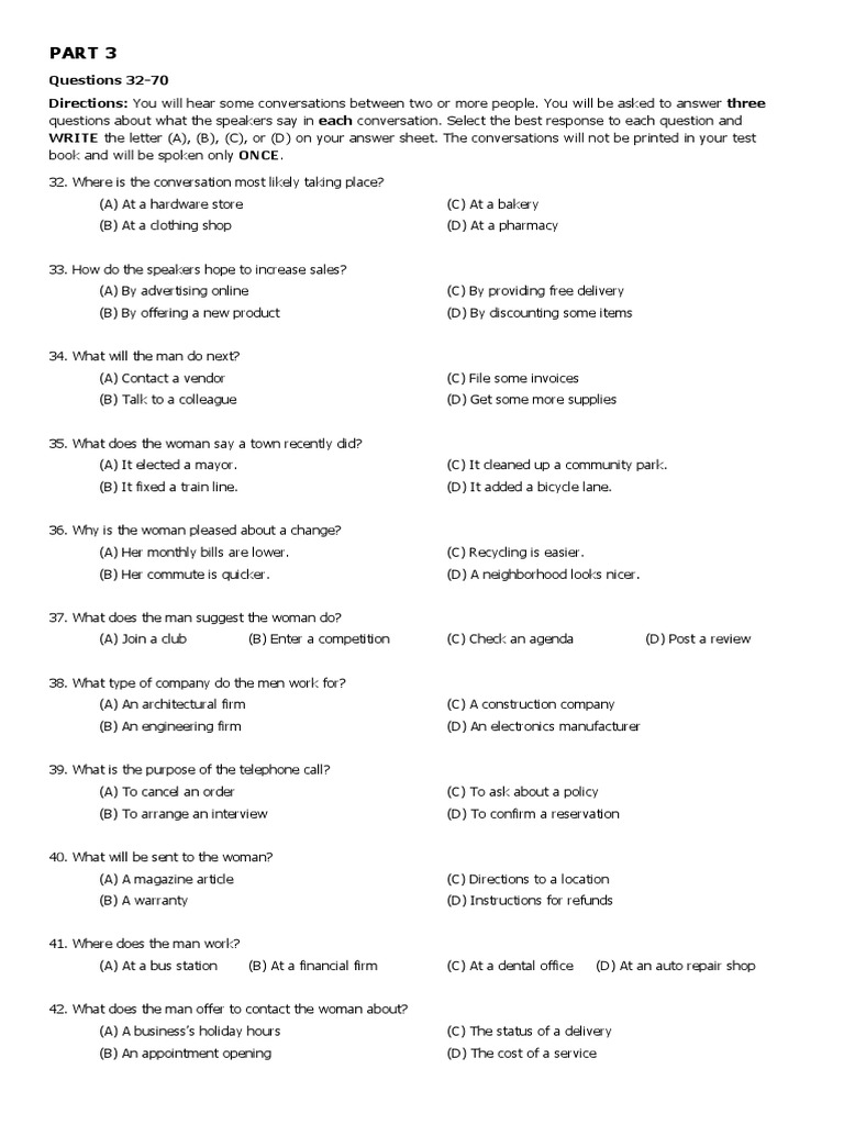 Questions About What The Speakers Say in Each Conversation. Select The ...