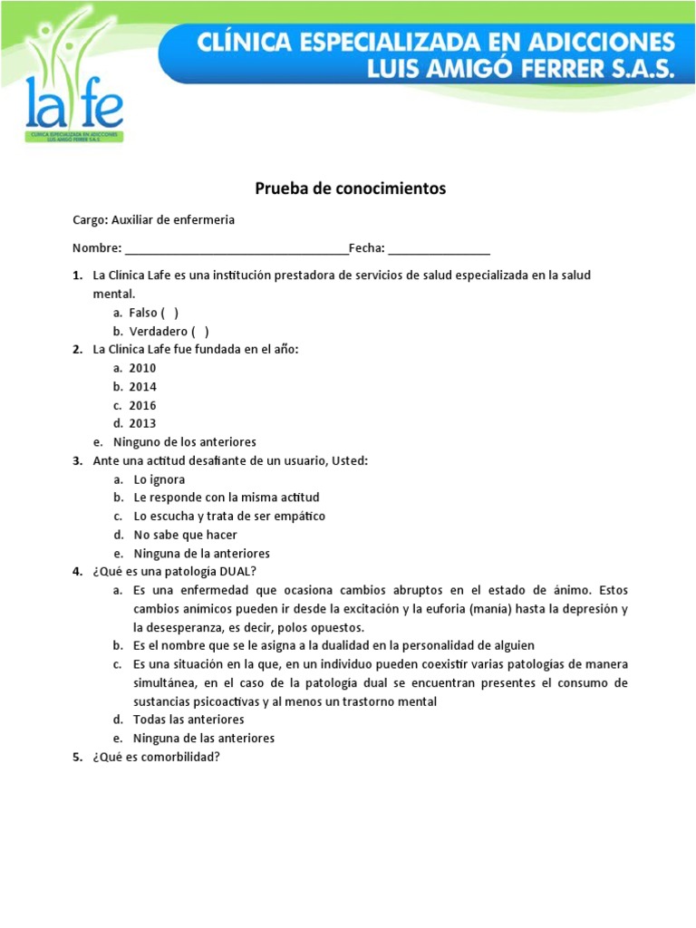 Prueba De Conocimiento Auxiliar De Enfermeria Pdf