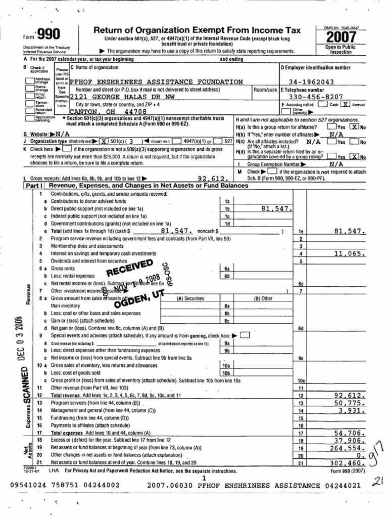 Pfhof Enshrinees Assistance Foundation 2007 | PDF | Irs Tax Forms | 501 ...