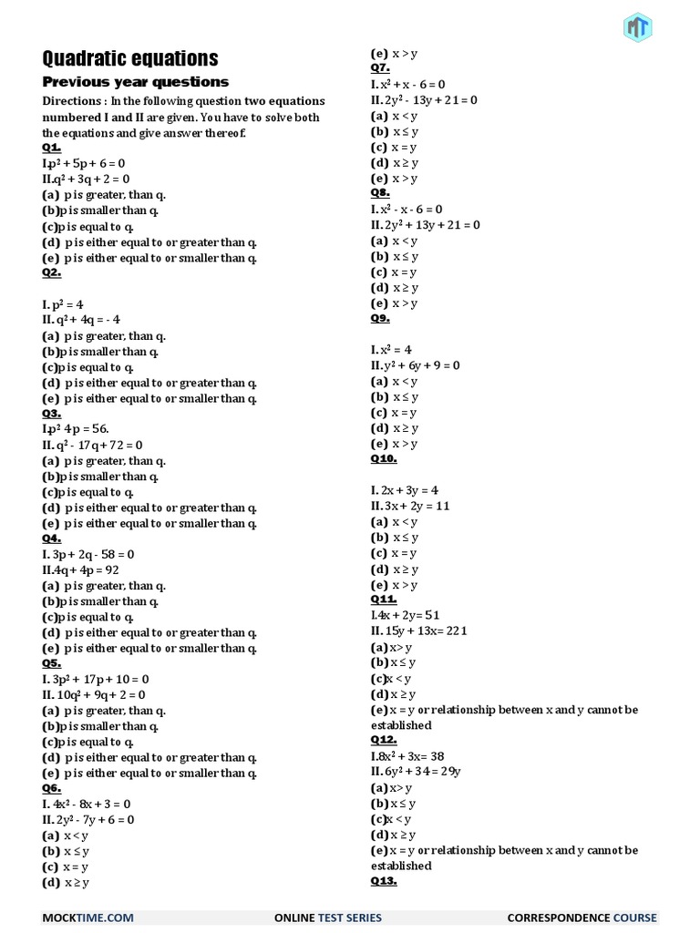 Quadratic Equations: Previous Year Questions | PDF | Equations | Algebra