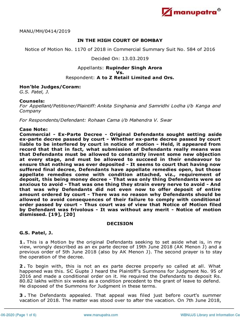 Rupinder Singh Arora Vs A To Z Retail Limited and ...
