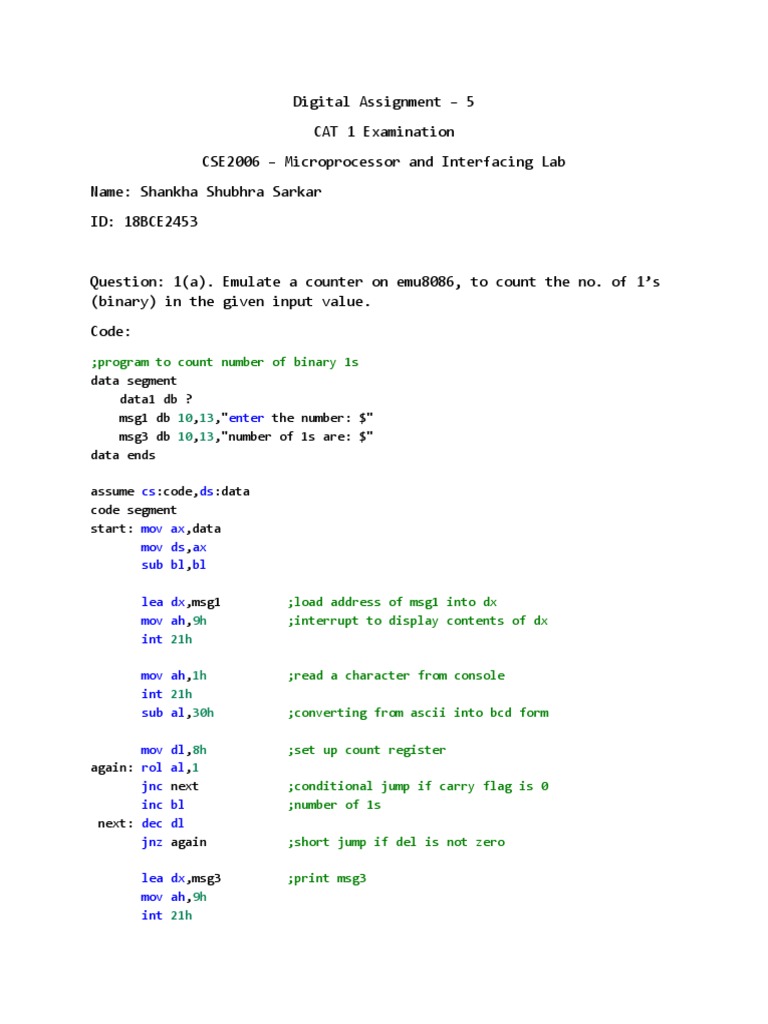 Digital Assignment - 5 CAT 1 Examination CSE2006 - Microprocessor and Interfacing Lab Name ...