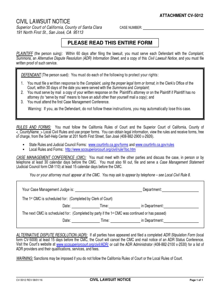 Civil Lawsuit Notice: Please Read This Entire Form | PDF | Alternative ...