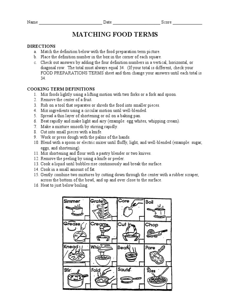 Food Prep Term Match Up 1 | PDF