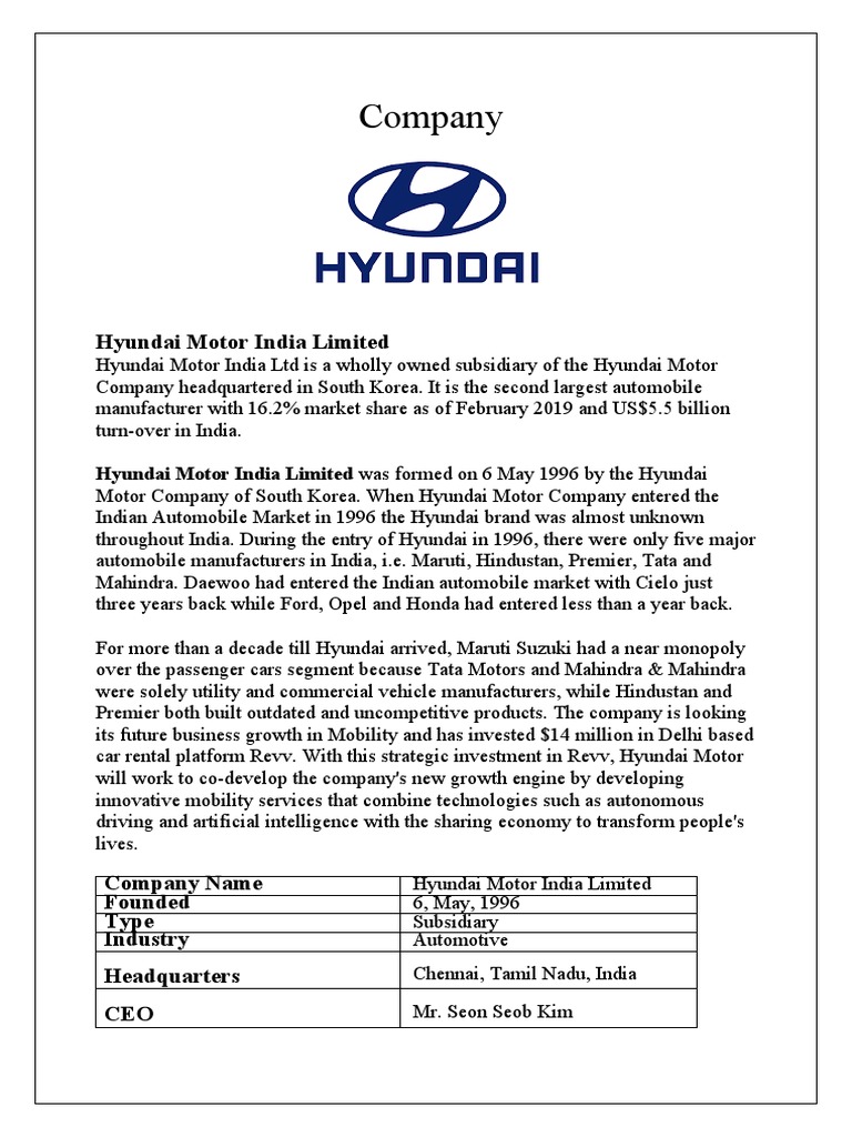 Company: Hyundai Motor India Limited | PDF | Vehicle Industry ...