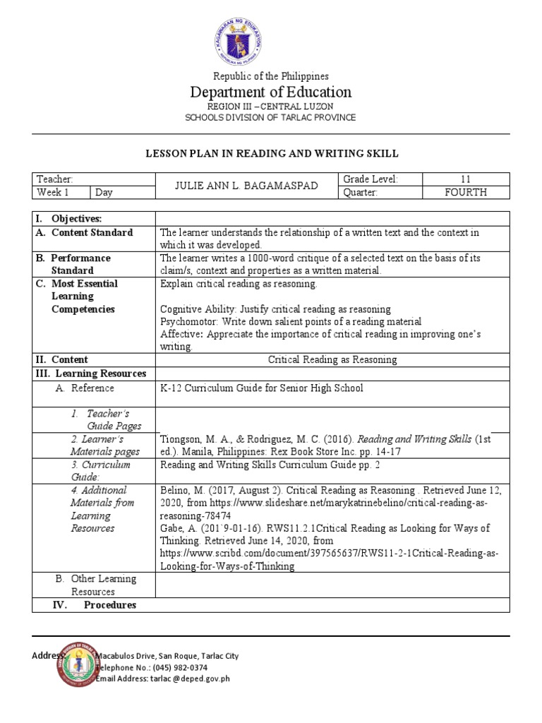 RW - DLP Critical Reading As Reasoning | PDF | Critical Thinking | Reason
