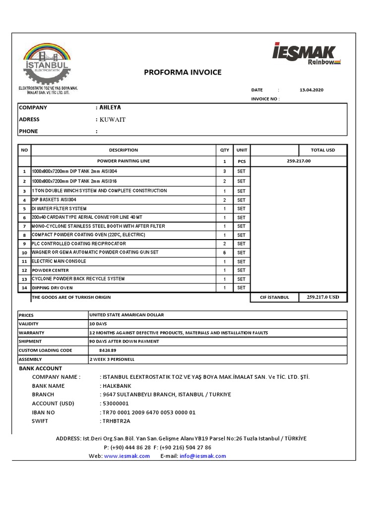 Proforma Invoice for the Supply and Installation of a Powder Painting ...