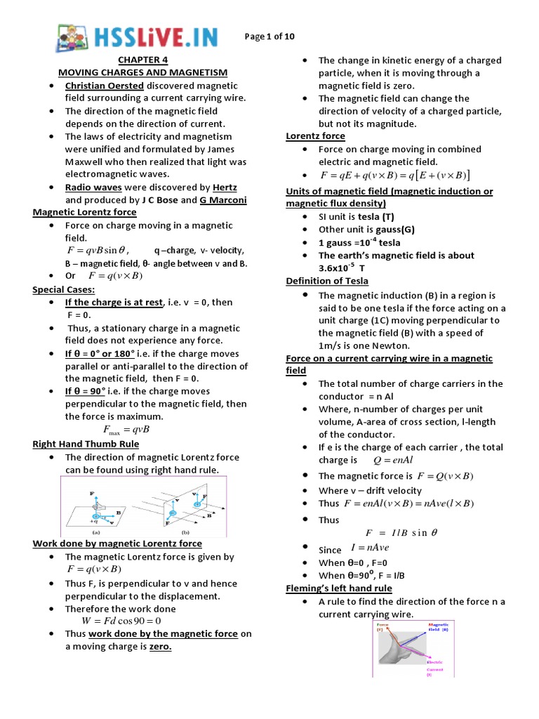 Hsslive XII Physics CH 4 Moving Charges and Magnetism PDF | PDF | Magnetic Field | Mechanics