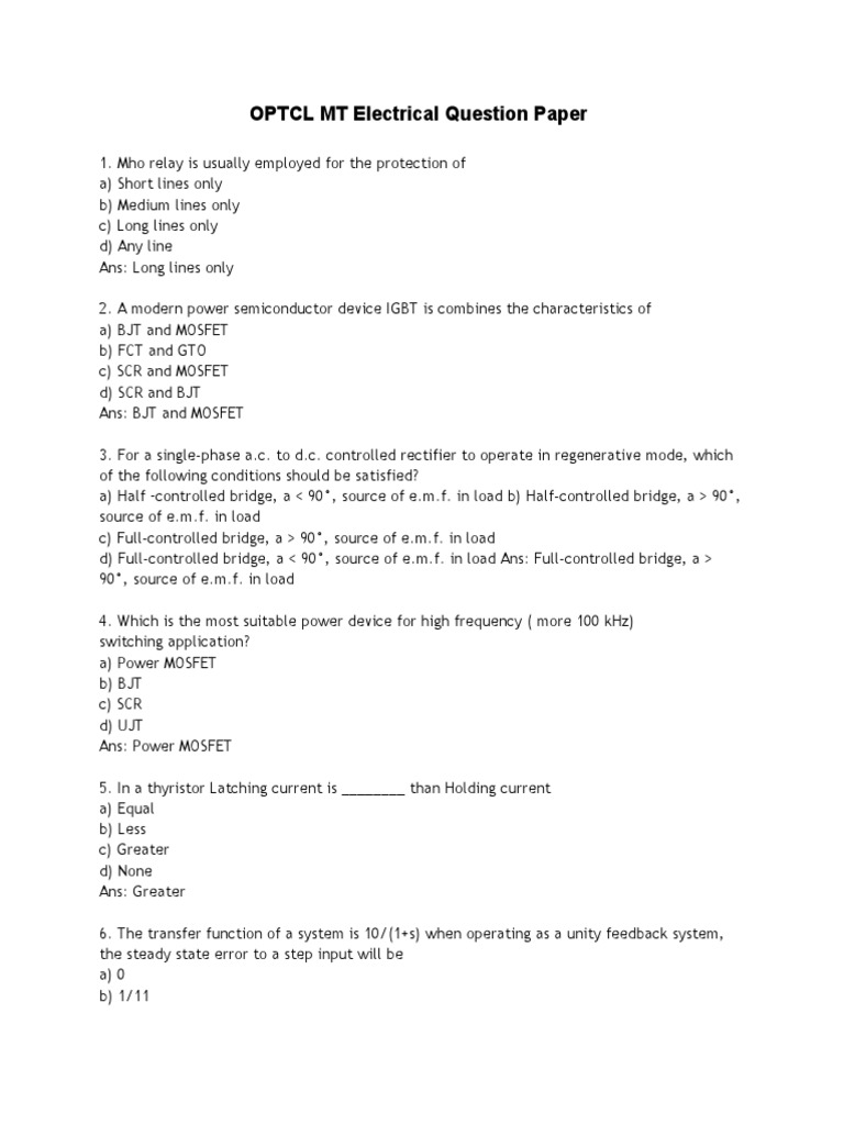OPTCL MT Electrical Question Paper | PDF | Transformer | Capacitor