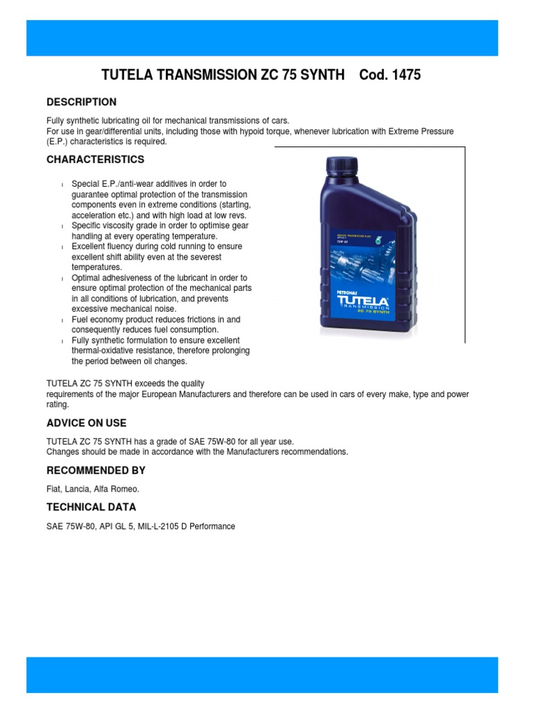 Tutela Transmission ZC 75 Synth Cod. 1475: Description | PDF