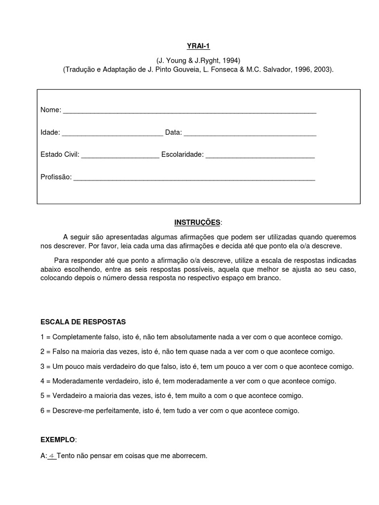 Inventario de Evitação de Young-Rygh - YRAI | PDF