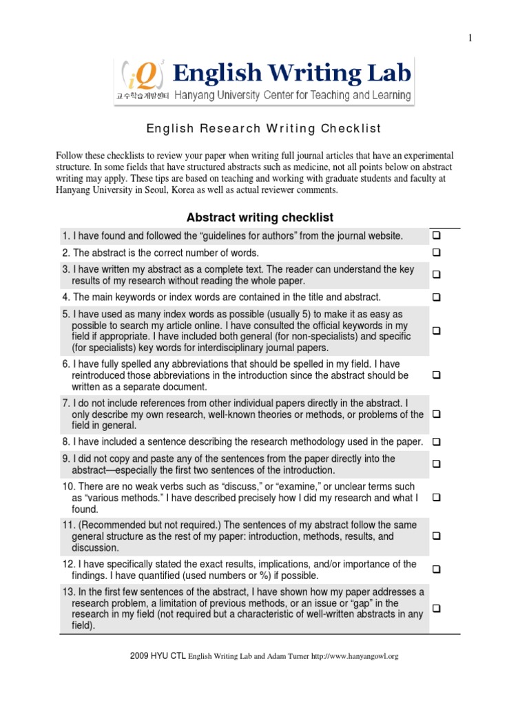 English Research Writing Checklist | PDF | Proofreading | Quotation Mark