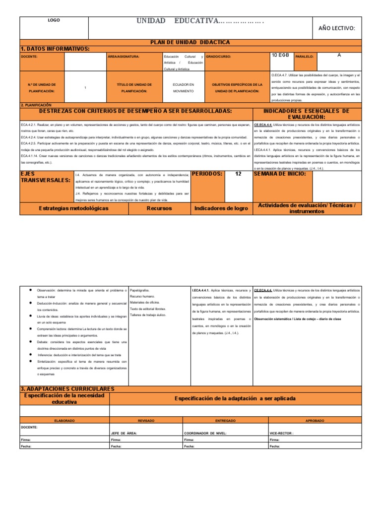 PLAN DE UNIDAD DIDACTICA ECA 10mo | PDF | Planificación | Aprendizaje