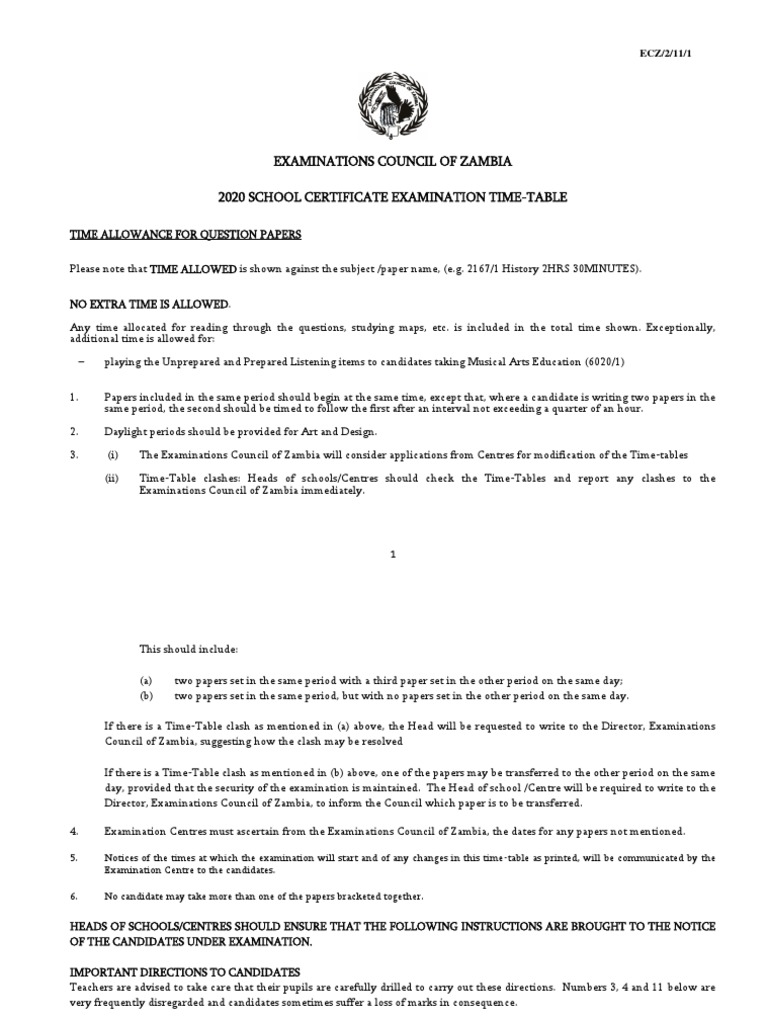 Examinations Council of Zambia 2020 School Certificate Examination Time ...