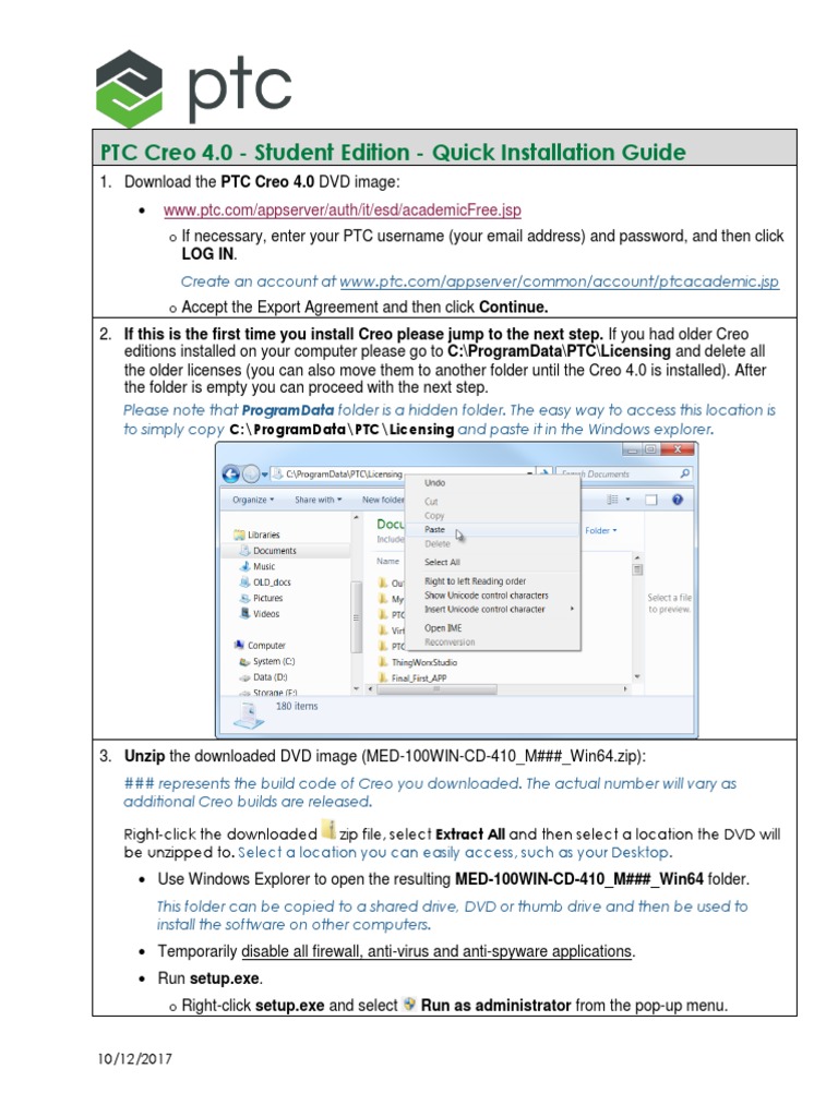 PTC Creo 4.0 - Student Edition - Quick Installation Guide: Log in | PDF ...
