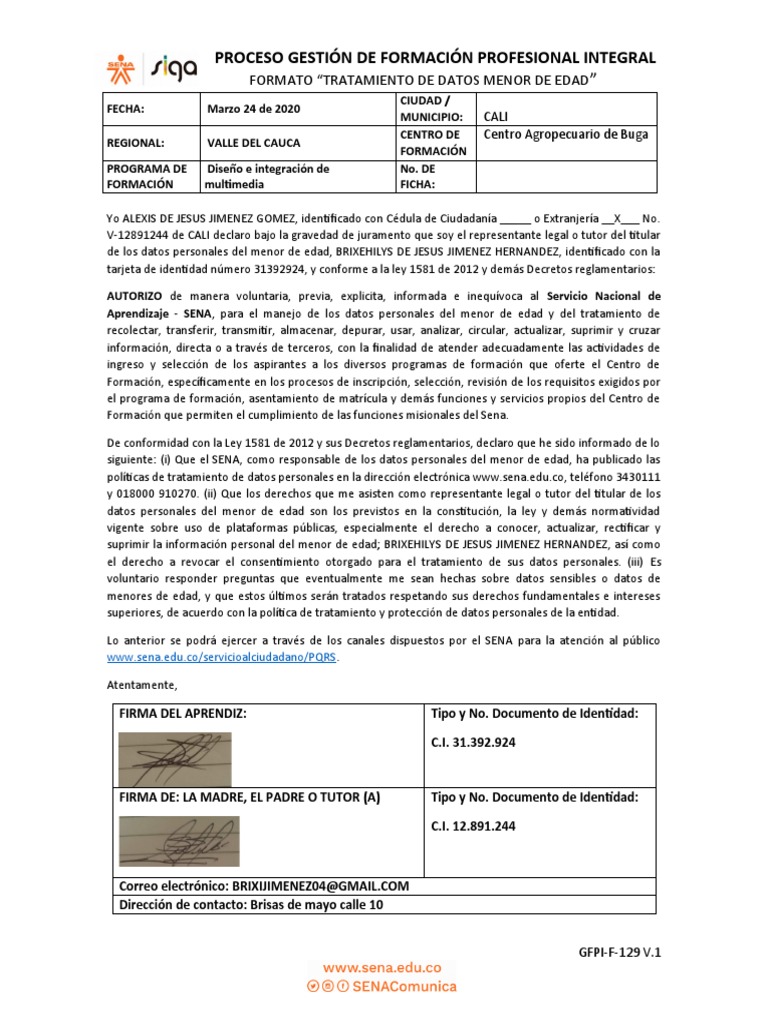 GFPI-F-129 Formato Tratamiento de Datos Menor de Edad | PDF