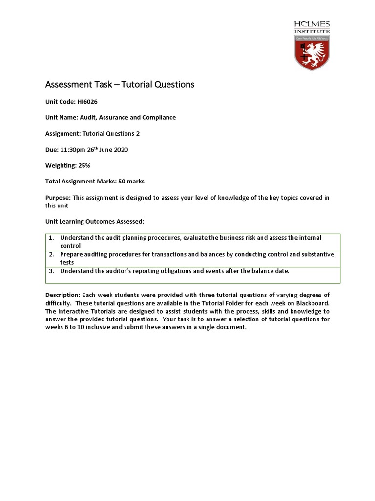 HI6026 Audit Tutorial Questions Assignment | PDF | Finance & Money ...