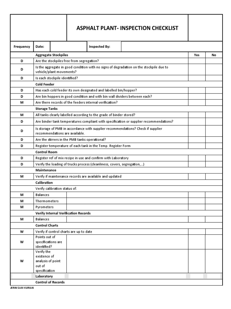Sample Inspection and Maintenance Checklist For Asphalt Plant - Jerin ...