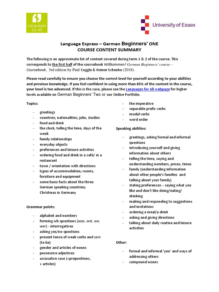 Language Express - German Beginners' ONE Course Content Summary | PDF
