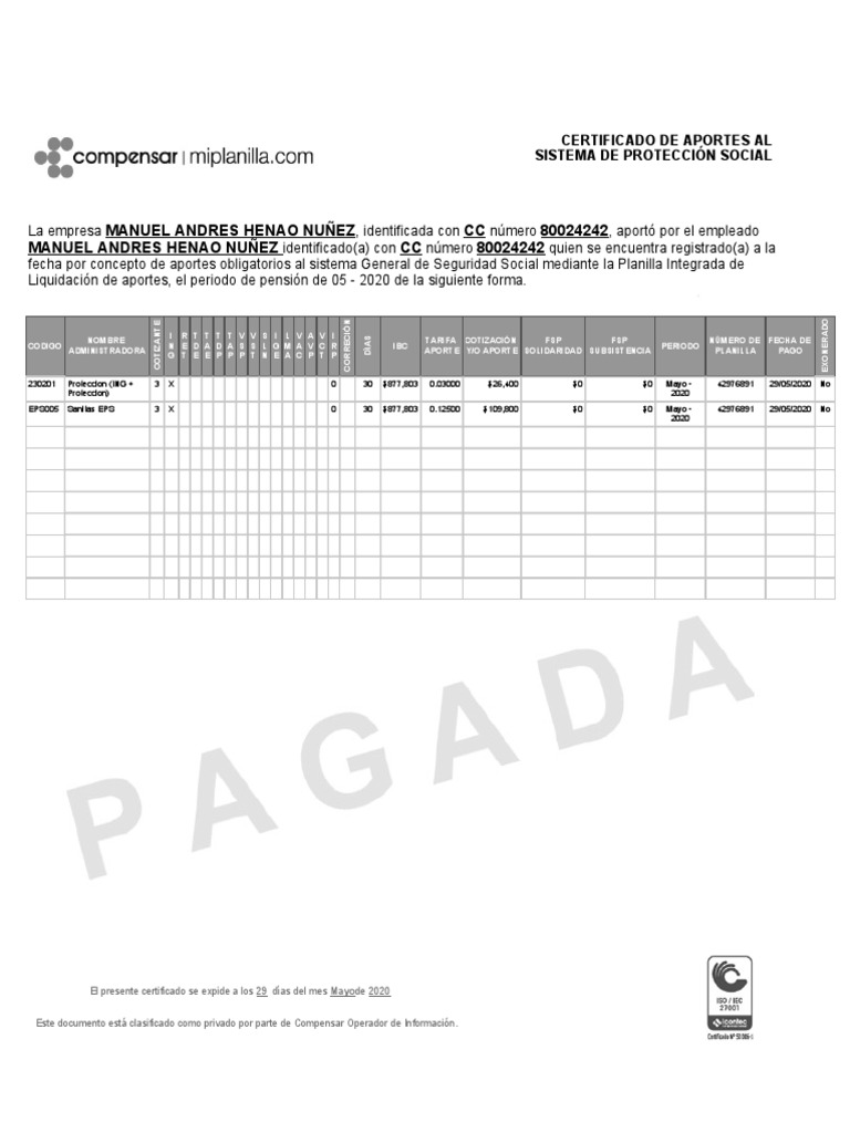 Planilla Manuel Arl | PDF