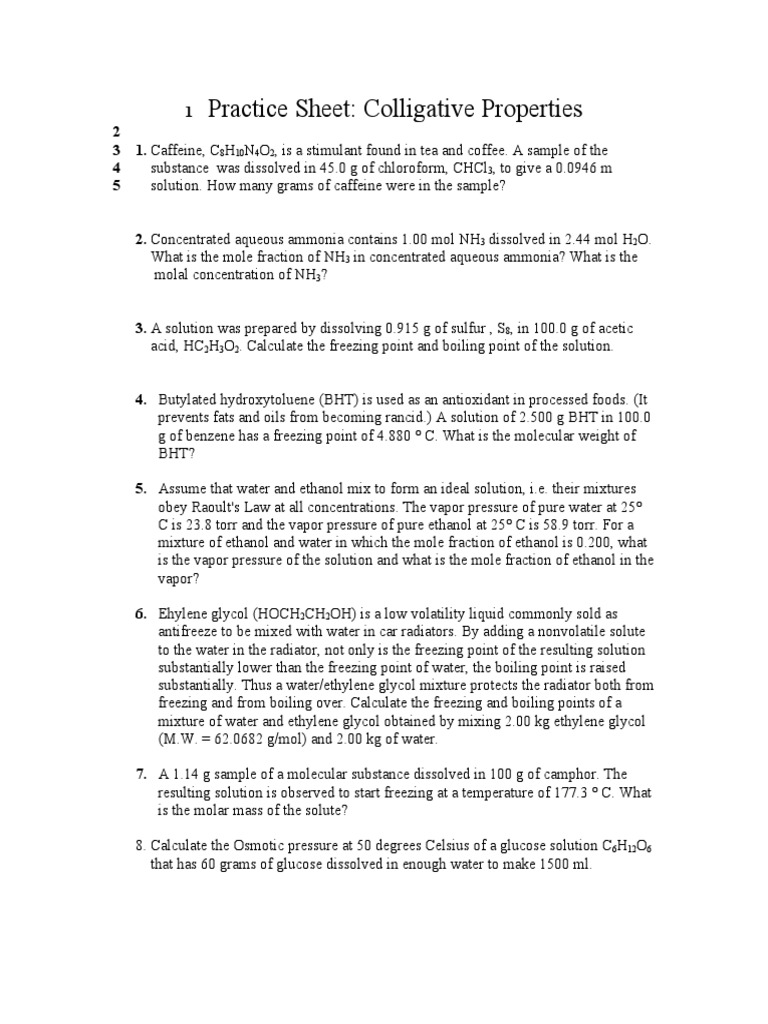 Practice Sheet: Colligative Properties | PDF
