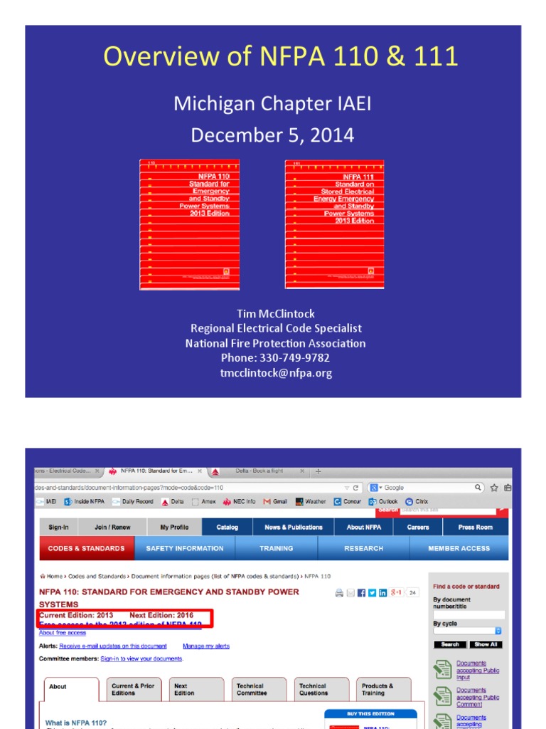 Overview of NFPA 110 & 111: Michigan Chapter IAEI December 5, 2014 ...