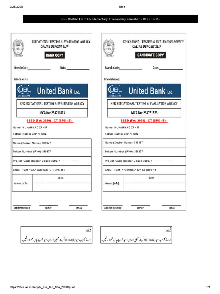 UBL Challan Form For Elementary & Secondary Education - CT (BPS-15) | PDF