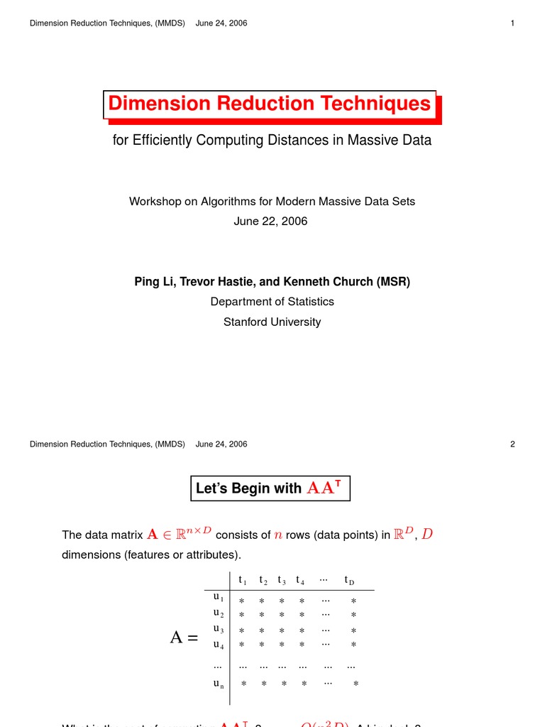 Dimension Reduction Techniques: For Efficiently Computing Distances in Massive Data | PDF ...