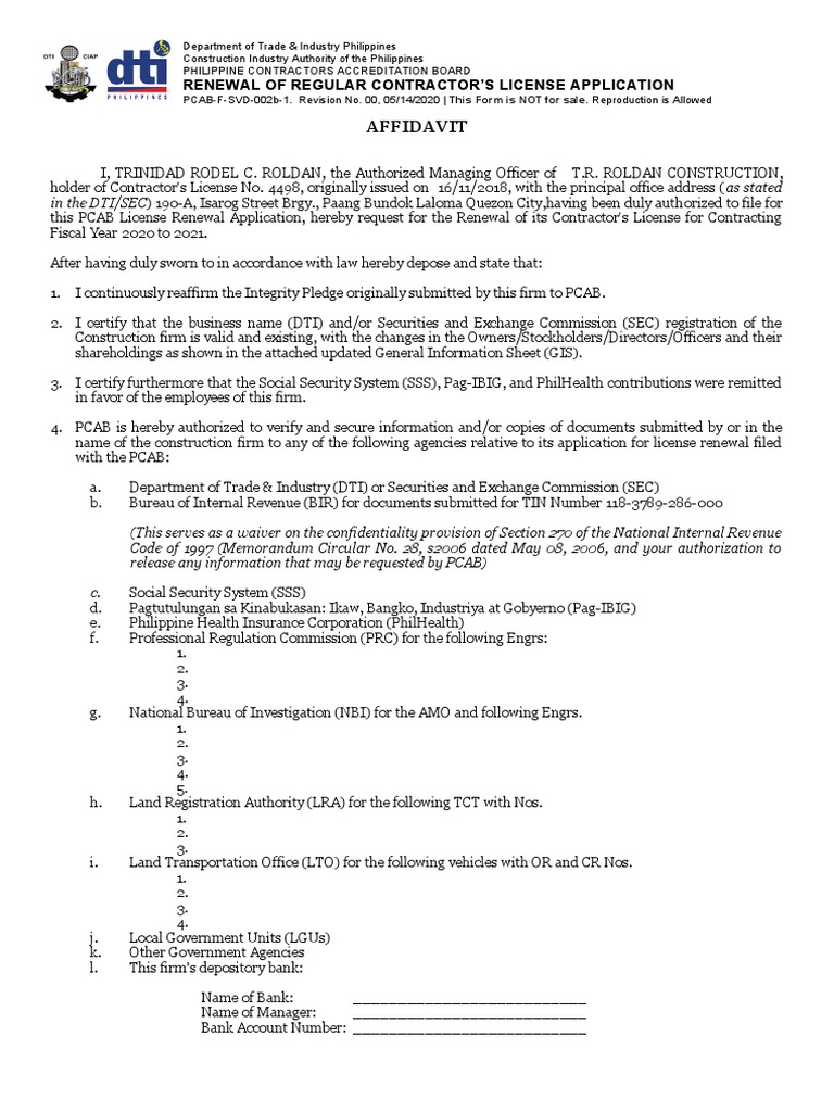 Affidavit: Renewal of Regular Contractor'S License Application | PDF ...