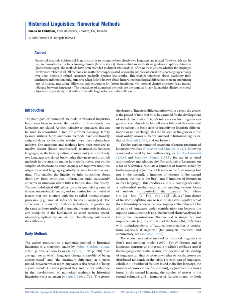 Historical Linguistics: Numerical Methods: Sheila M Embleton, York ...