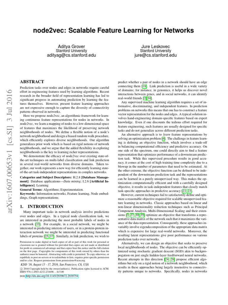 Node2vec: Scalable Feature Learning For Networks | PDF