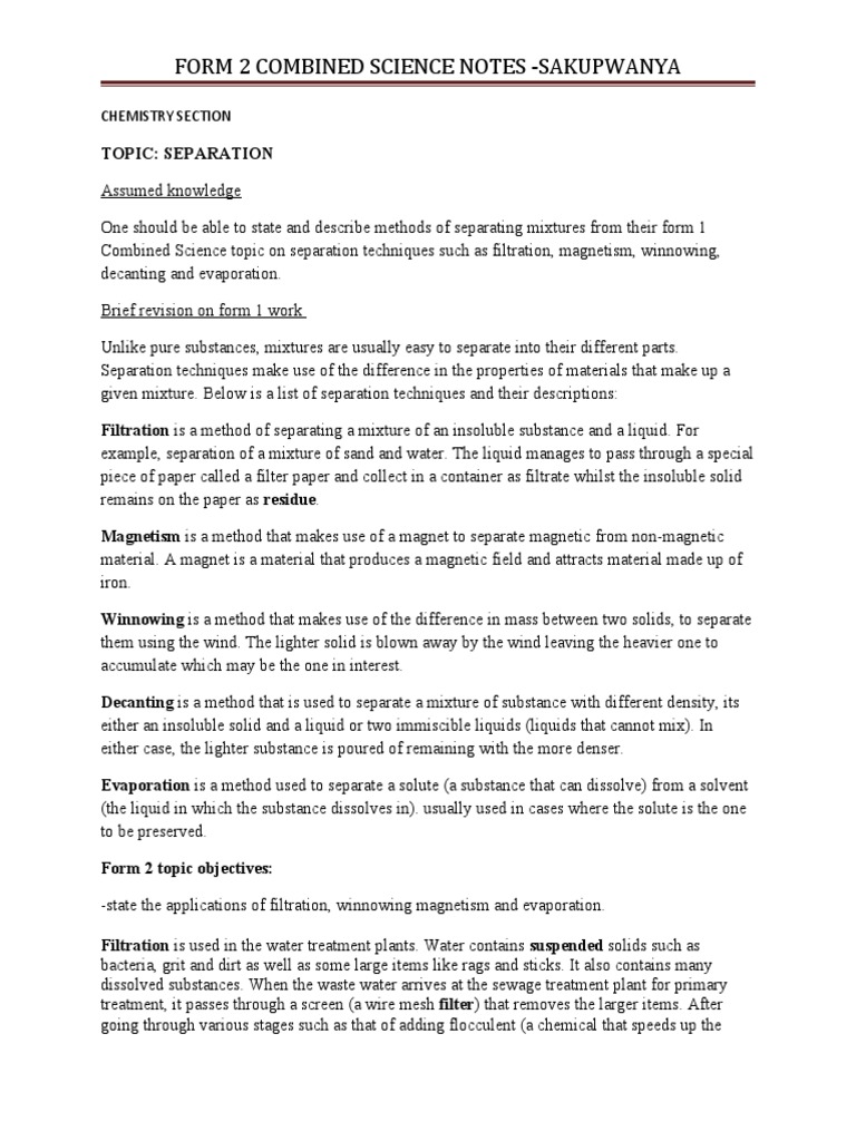 Form 2 Combined Science: Separation Techniques | PDF | Home & Garden ...