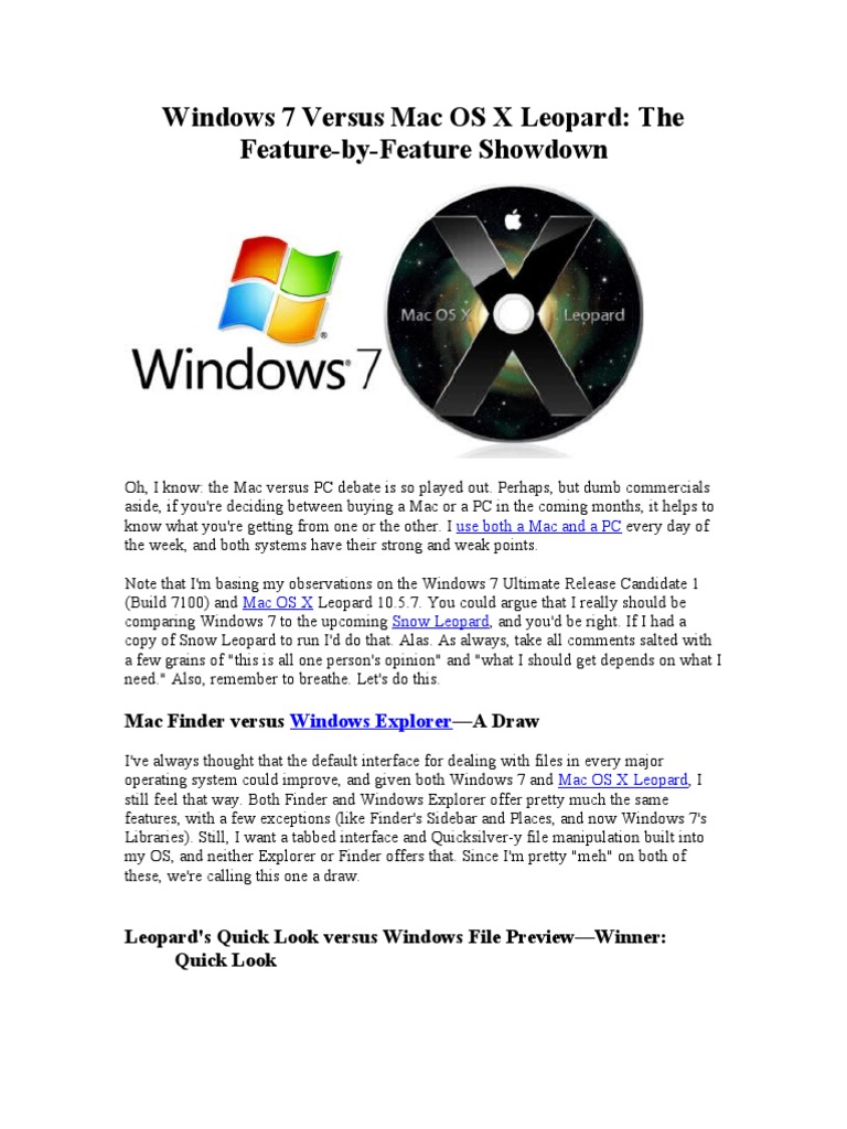 Windows 7 Versus Mac OS X Leopard | PDF | Macintosh | Windows Xp