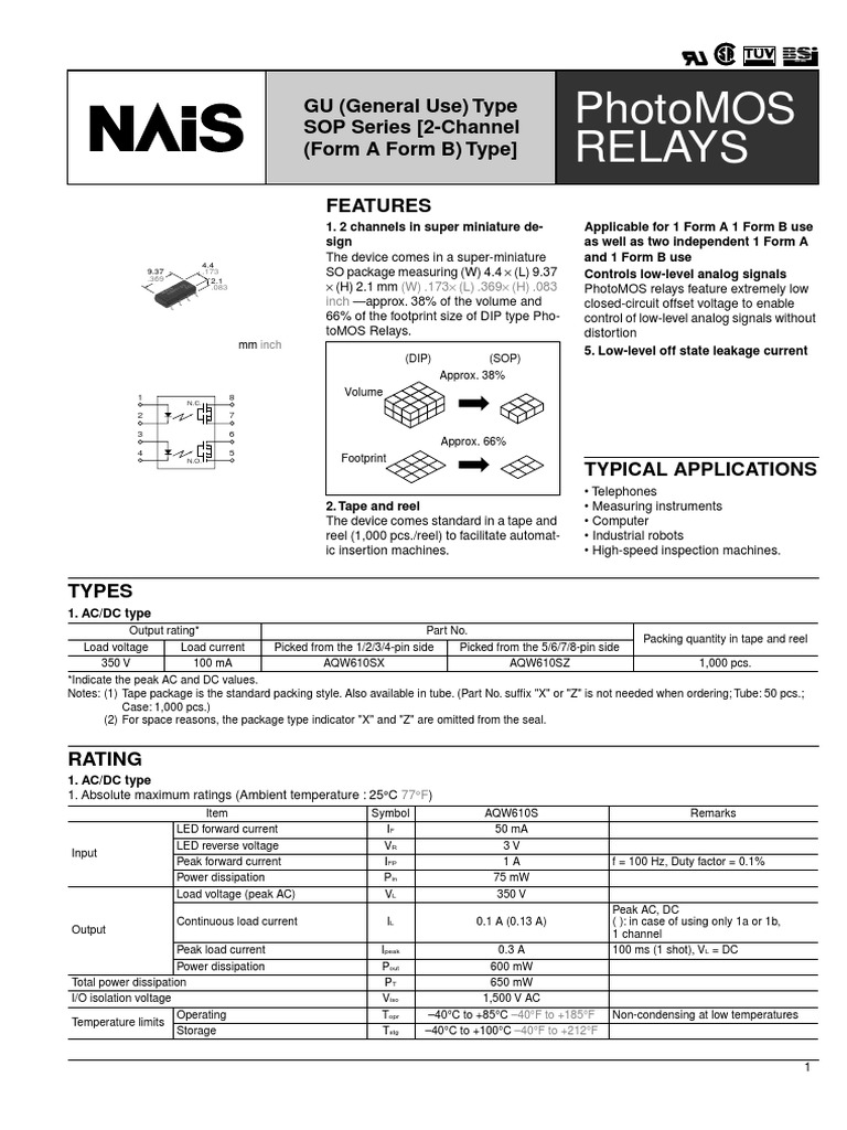 Photomos Relays: Gu (General Use) Type Sop Series (2-Channel (Form A ...