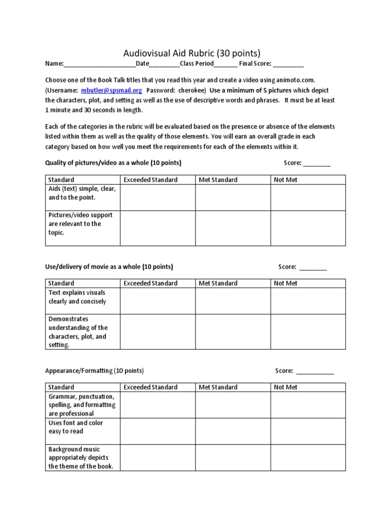 Student Video Project Rubric | PDF