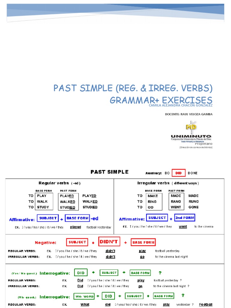 Past Simple (Reg. & Irreg. Verbs) Grammar+ Exercises: Camila Alejandra ...