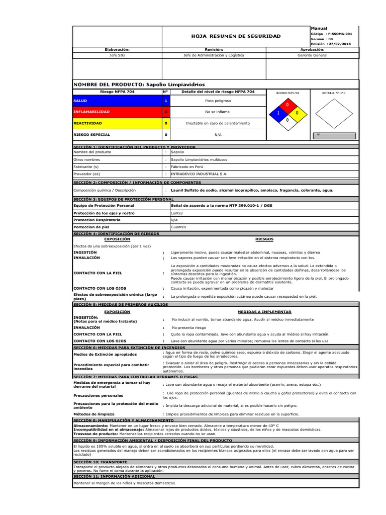 Formato - de - Seguridad MSDS - LIMPIAVIDRIO | PDF