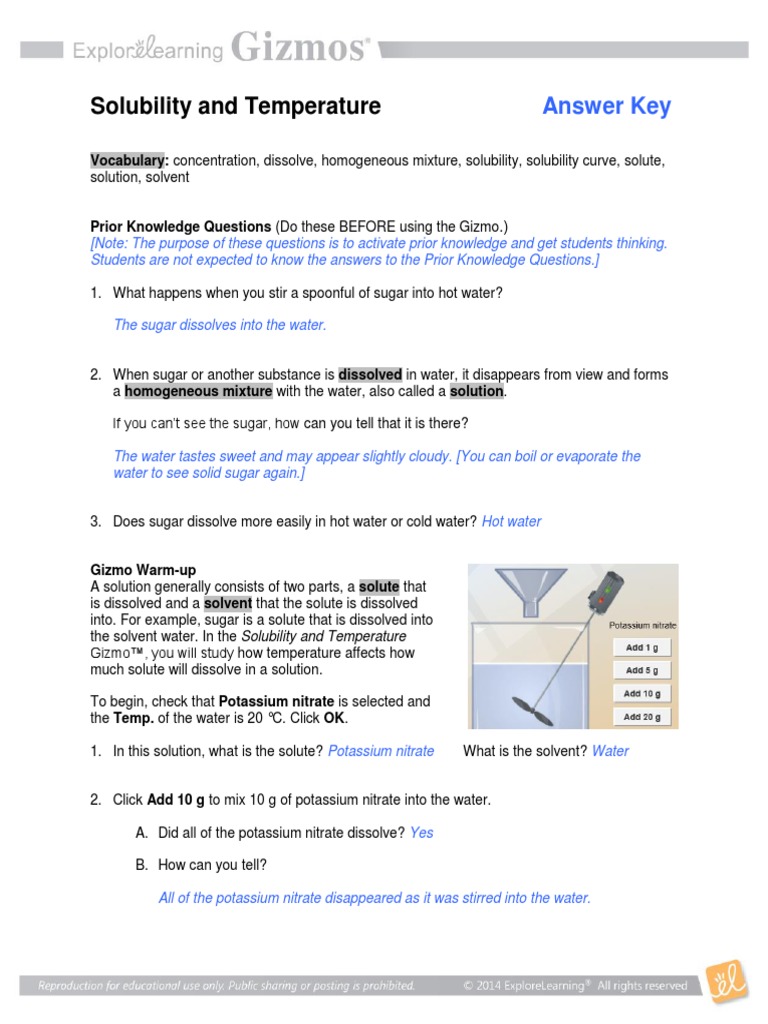 Solubility and Temperature: Answer Key | PDF