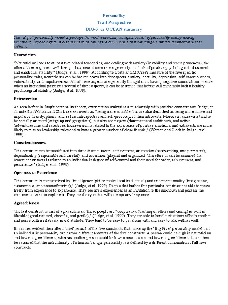 Trait Perspective - The Big 5 Ocean | PDF | Extraversion And ...