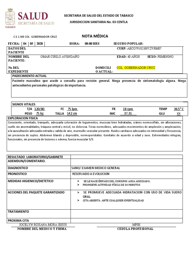 Ejemplo de Nota Médica General | PDF | Enfermedades y trastornos ...