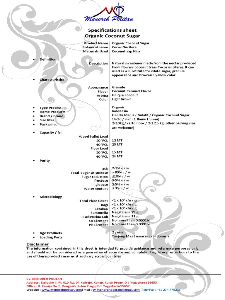 Specifications Sheet Organic Coconut Sugar: Disclaimer | PDF | Sucrose ...
