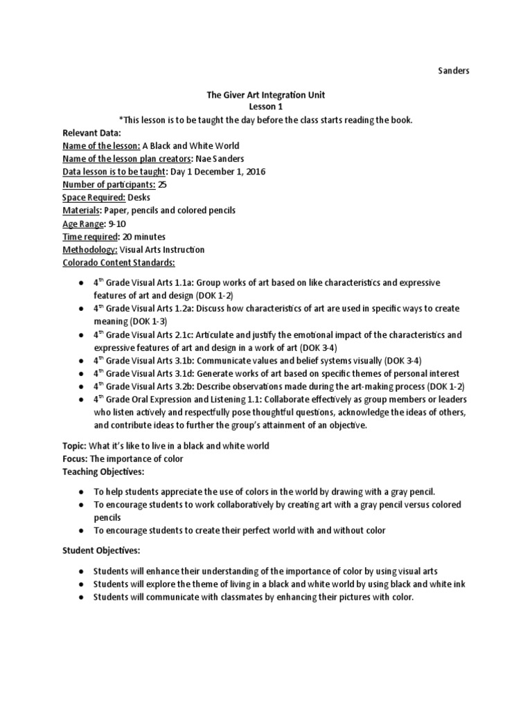 The Giver Art Integration Unit Lesson 1 Relevant Data | PDF | The Giver ...
