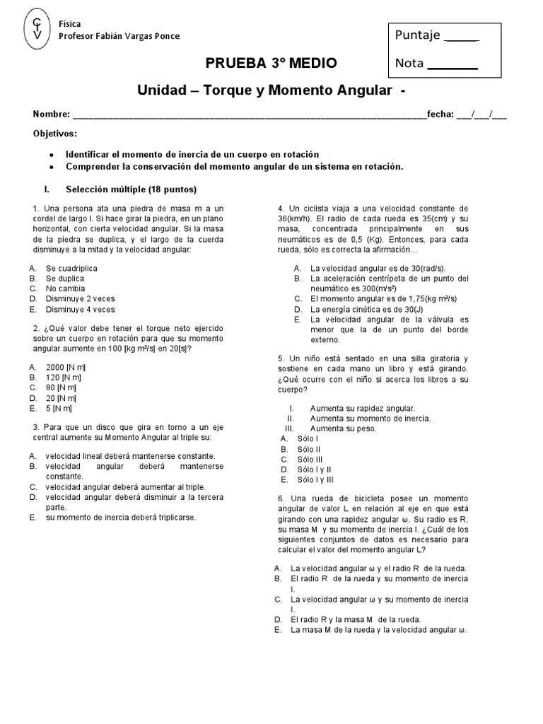 Prueba Tercero Momento Angular | PDF | Momento angular | Rotación