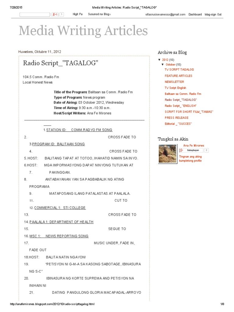 Media Writing Articles - Radio Script - TAGALOG - PDF | PDF