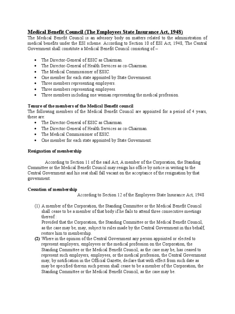 Medical Benefit Council (The Employees State Insurance Act, 1948) | PDF ...