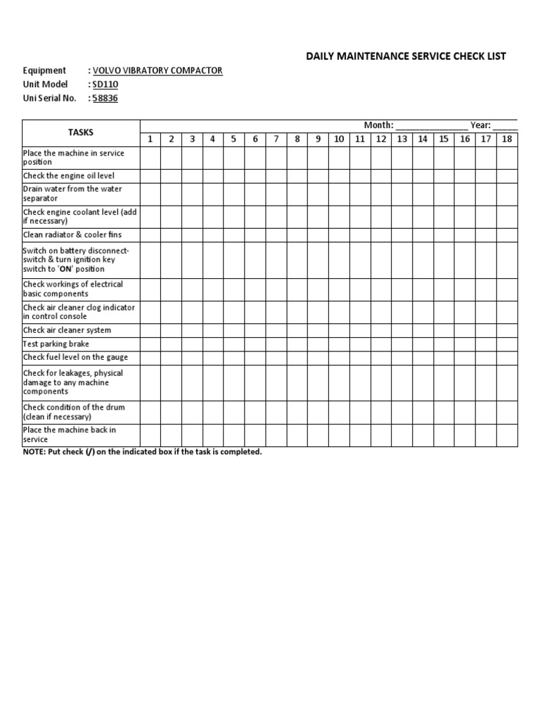 Vibratory Compactor Daily PMS Check List | PDF